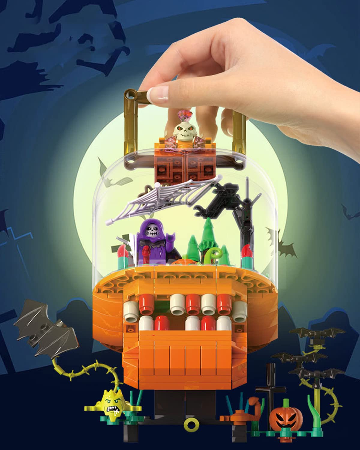 Building Blocks Building Toy 3D Toy Blocks DIY Bricks Toys Building Set Unique Home Decor, Birthday Tricky Magic Night Pumpkin Wizard for Lego (Halloween Lights)