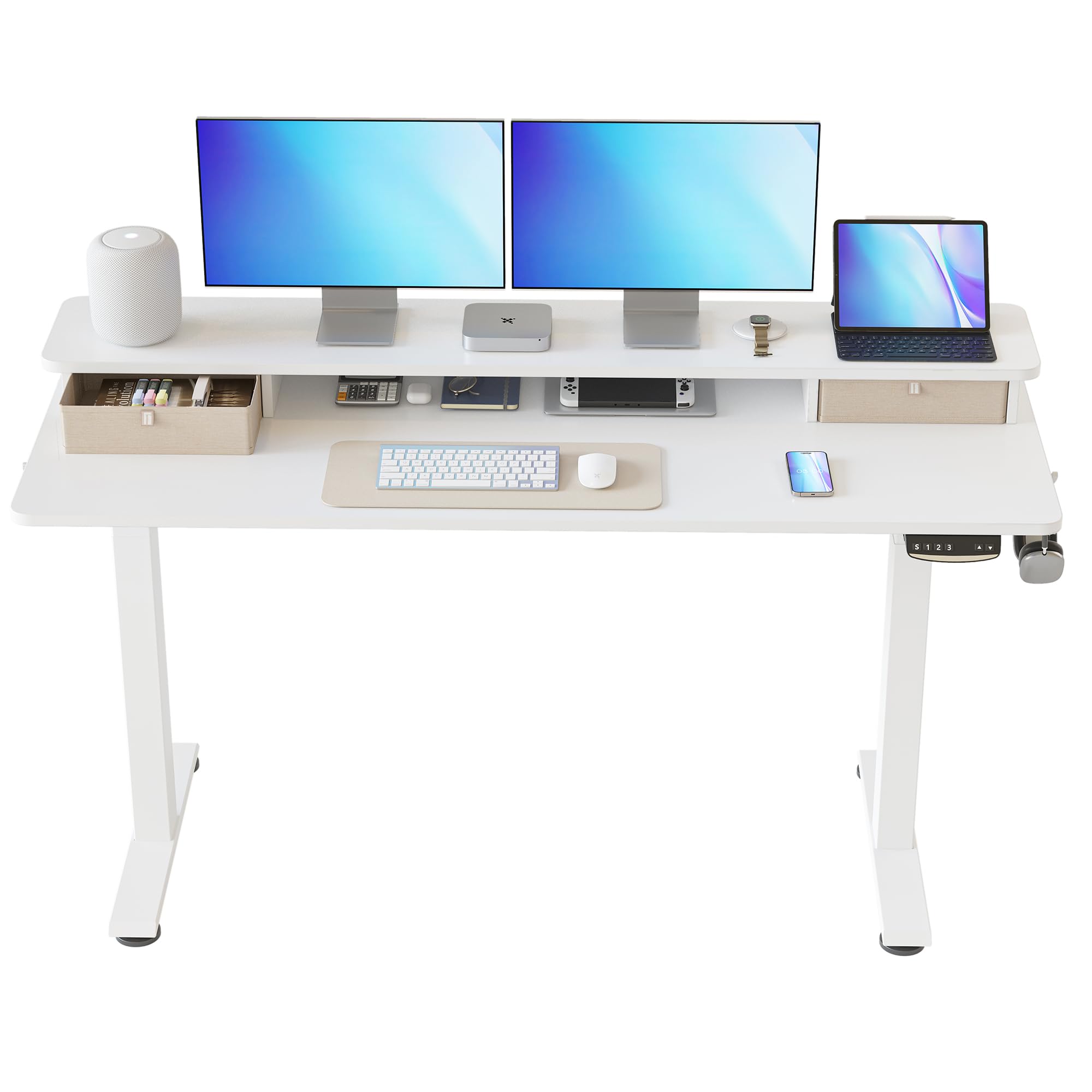 BANTI 55''x24''Standing Desk with Drawers, Adjustable Height Stand Up Desk with Storage Shelf, Sit Stand Home Office Desk with Splice Board, White Frame/Light Rustic Brown Top