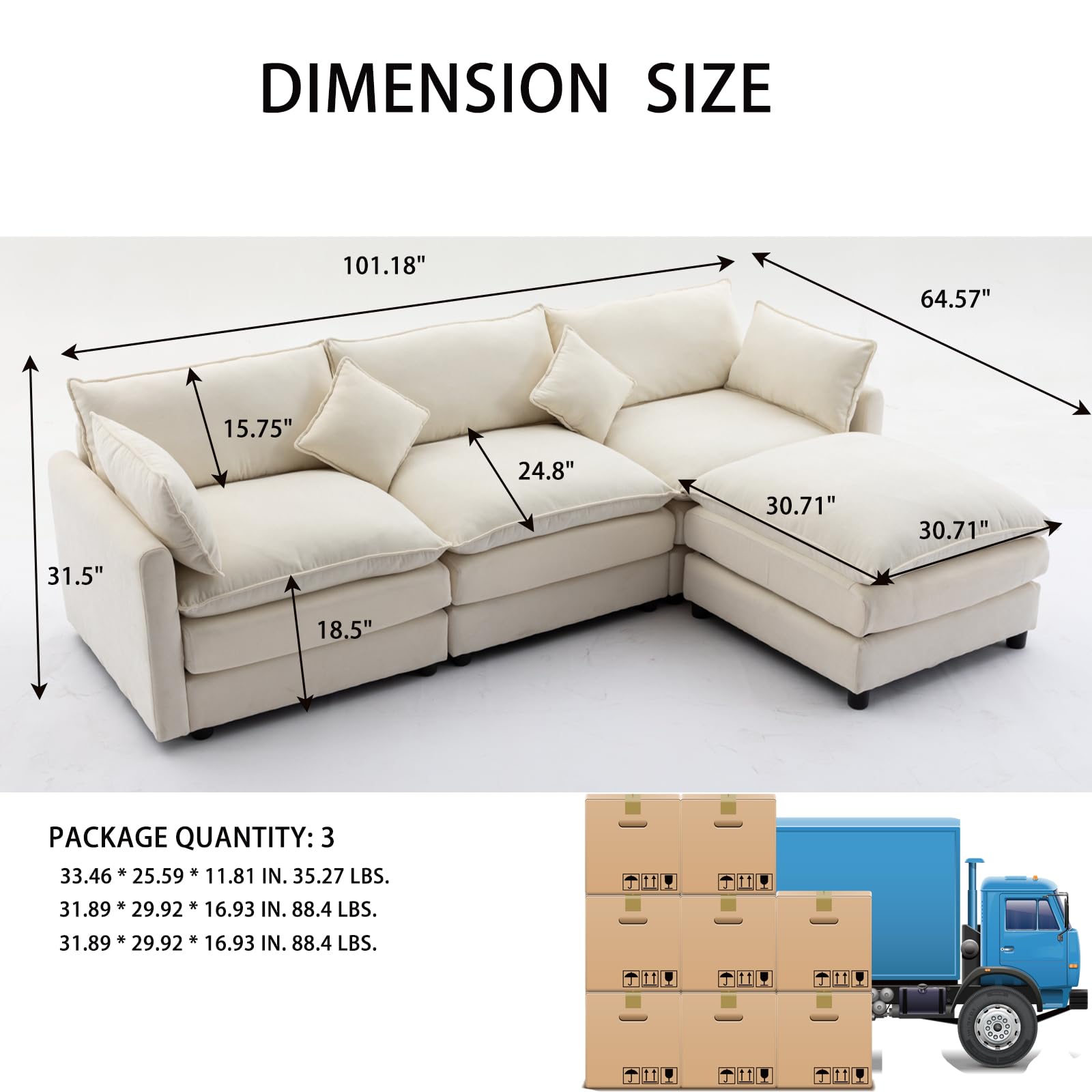 Deep Seat Sectional Sofa Cloud Couch with Movable Ottoman, 101.8" Modern Chenille Comfy Upholstered Modular Sofa L Shaped Couch for Living Room, Apartment, Office (Beige)