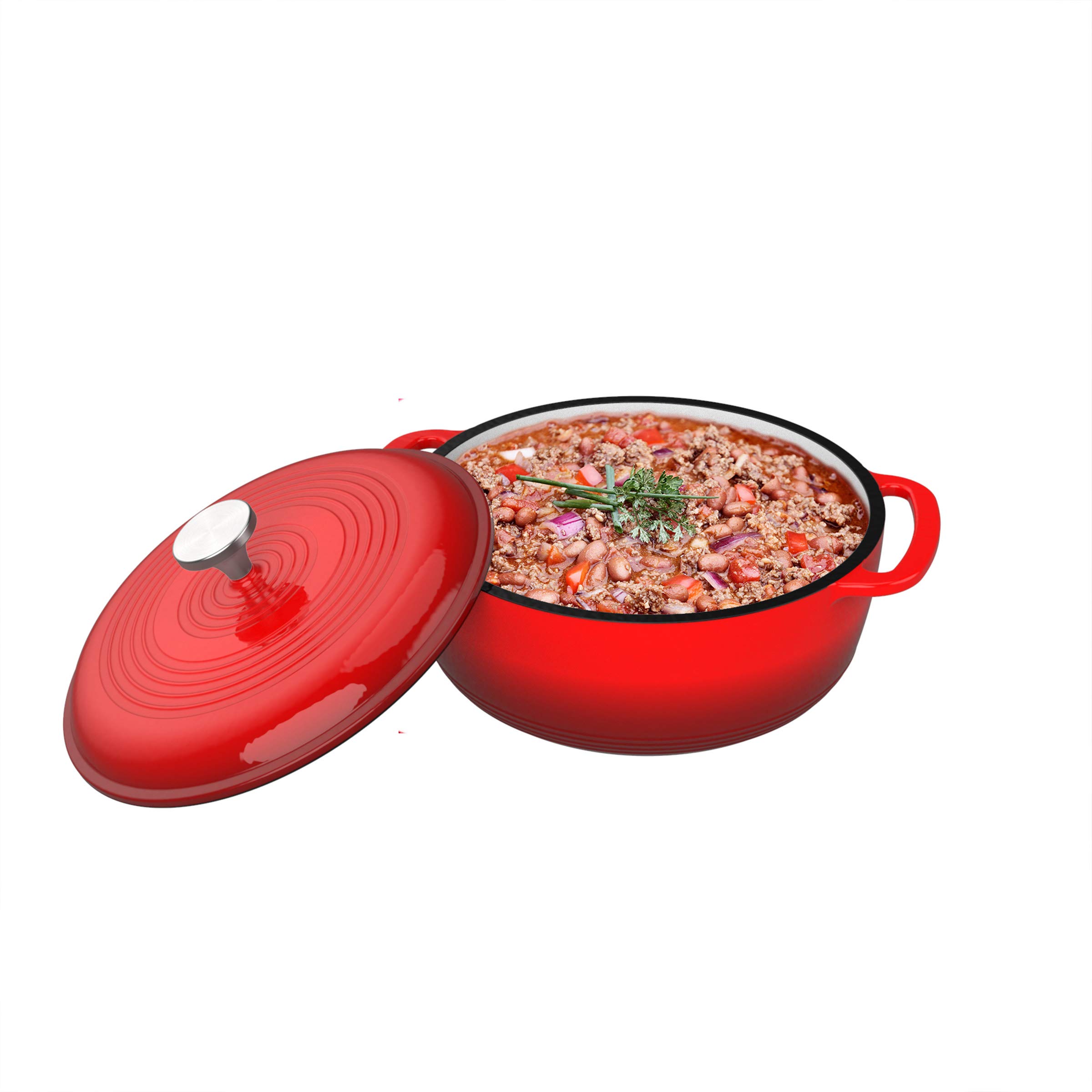 Classic Cuisine Cast Iron Dutch Lid 6 Quart Enamel Coated Oven or Stovetop-For Soup, Chicken, Pot Roast and More-Kitchen Cookware, Red