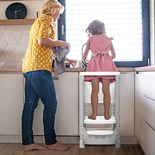 Toddler Tower Children Step Stool with 4 Adjustable Heights, Kitchen Helper Stool with Safety Rail, Learning Tower for Toddlers Kids with Whiteboard, Toddler Step Stool Helper, 1-6 Year Old Boy Girl