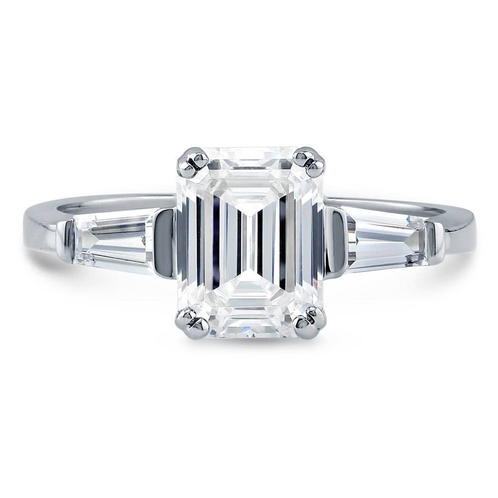 BERRICLE Sterling Silver 3-Stone Wedding Engagement Rings Emerald Cut Cubic Zirconia CZ Anniversary Ring for Women, Rhodium Plated Size 5.5