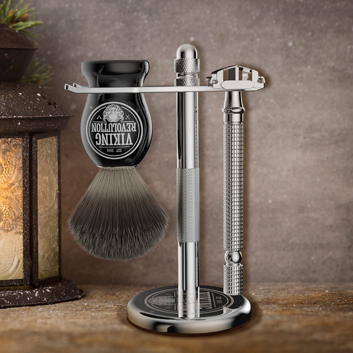 Chrome Long Handle Double Edge Safety Razor - Butterfly Open Razor with 10 Japanese Stainless Steel Double Edge Blades and Chrome Safety Razor Stand