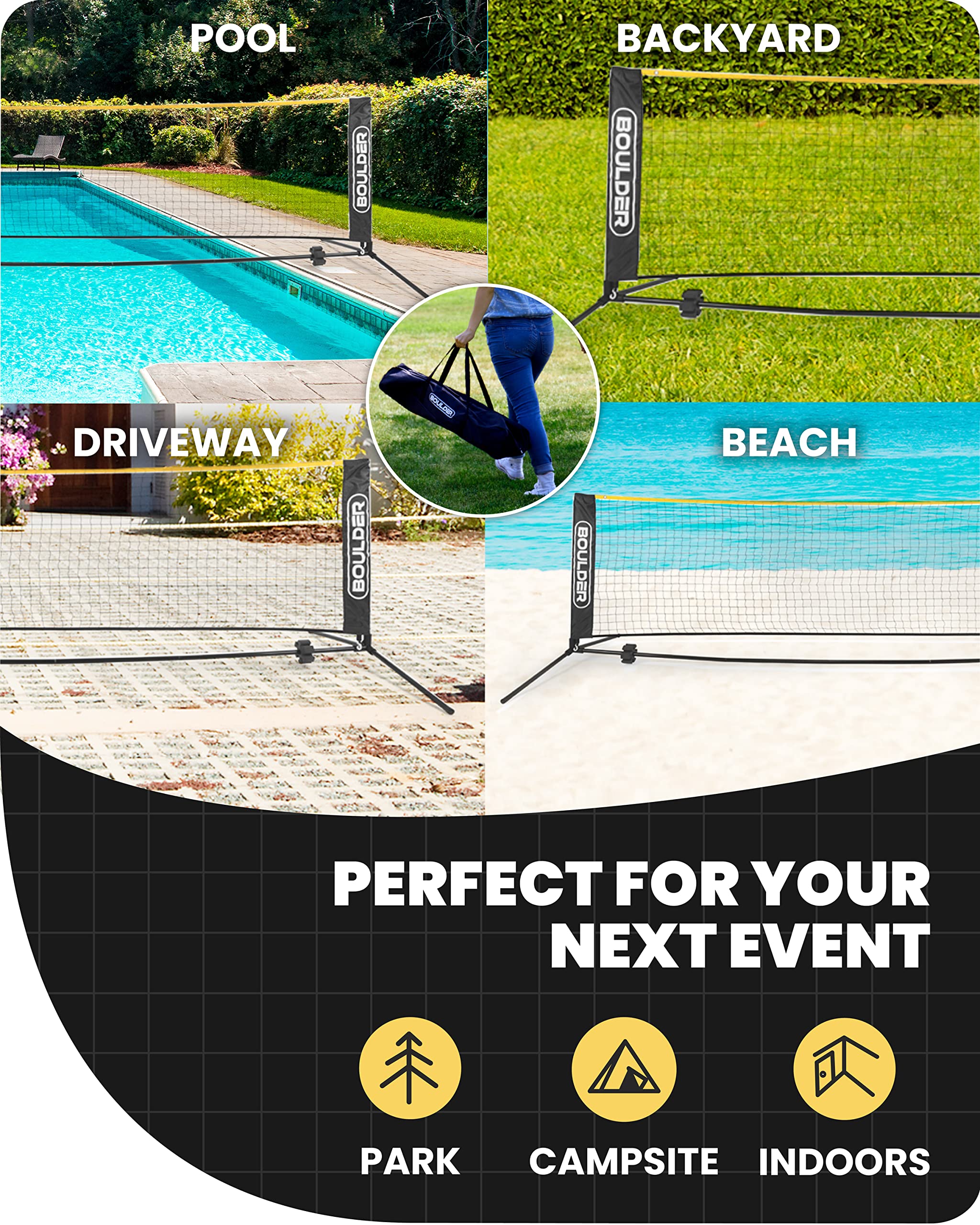 BOULDER Sports Pickleball Paddles & Badminton Set for Backyard - Includes 4 Rackets, 2 Pickleball Paddles, 3 Shuttlecocks, 2 Pickleballs & 2 Travel Bags - Easy Setup Volleyball & Racket Sports Net