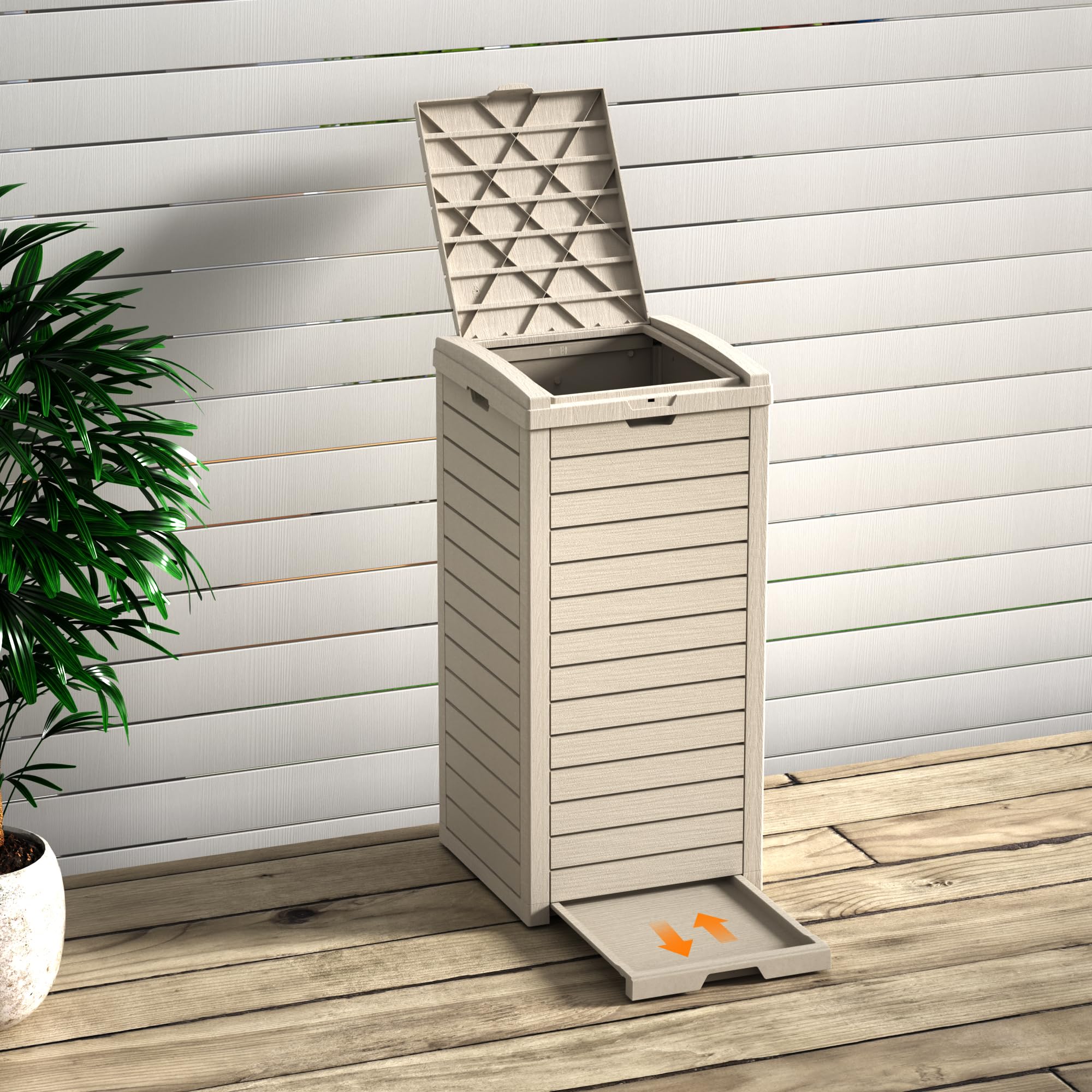 GYMHILL 31 Gallon Outdoor Trash Can, Waterproof Resin Garbage Can with Tiered Lid and Drip Tray, Outside Trash Bin for Patio, Backyard