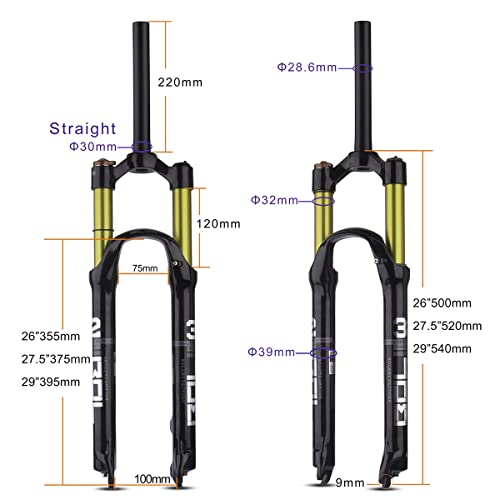 BOLANY Bike Suspension Fork MTB Bicycle Magnesium Alloy Suspension Front Fork 26/27.5/29 inch, 120mm Straight Steerer and Tapered Steerer Air Fork (26, Straight-Manual)