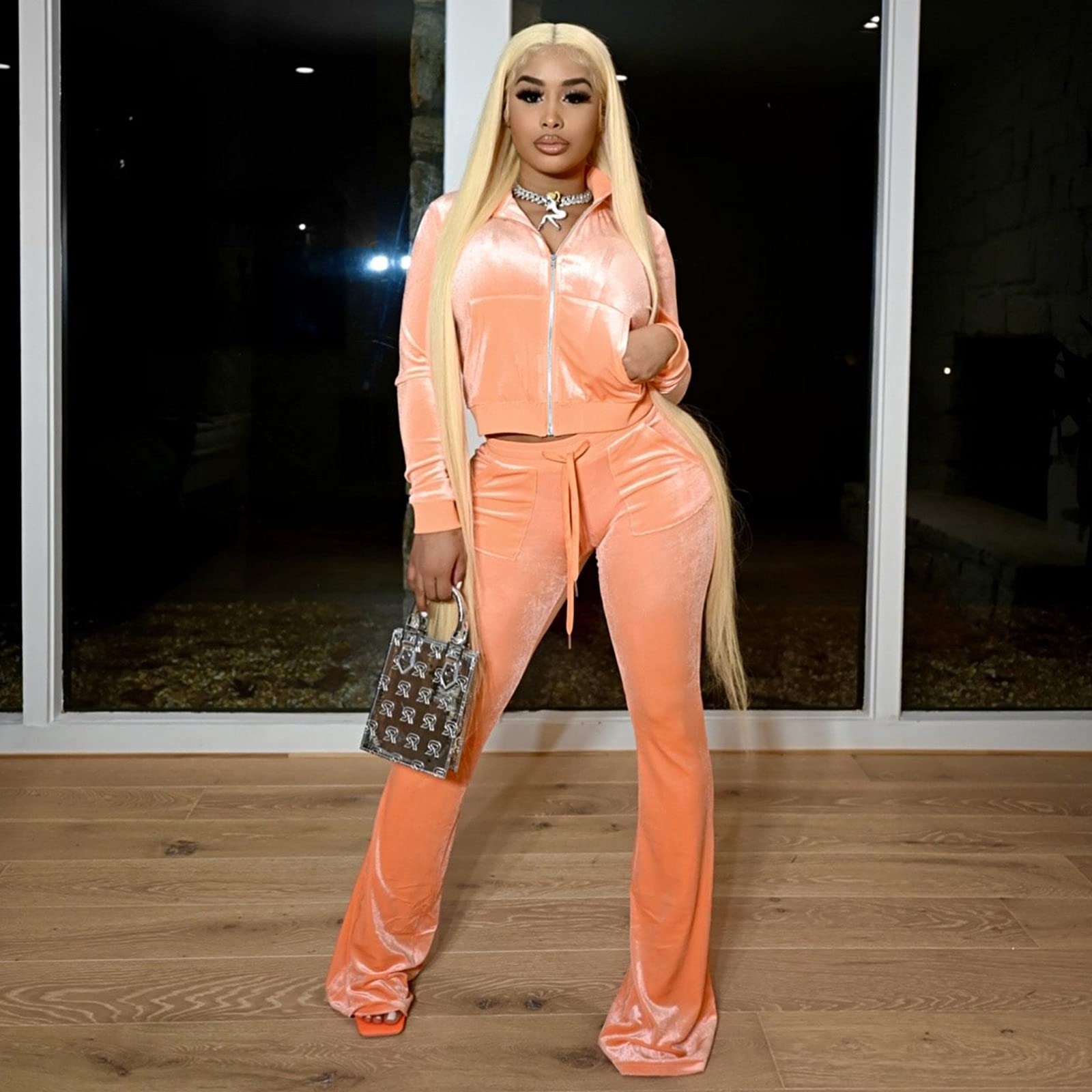CCIGO Women's 2 Piece Outfits Velvet Sweatsuits Zip-up Jacket Casual Jogger Tracksuit Set with Pockets Small Orange