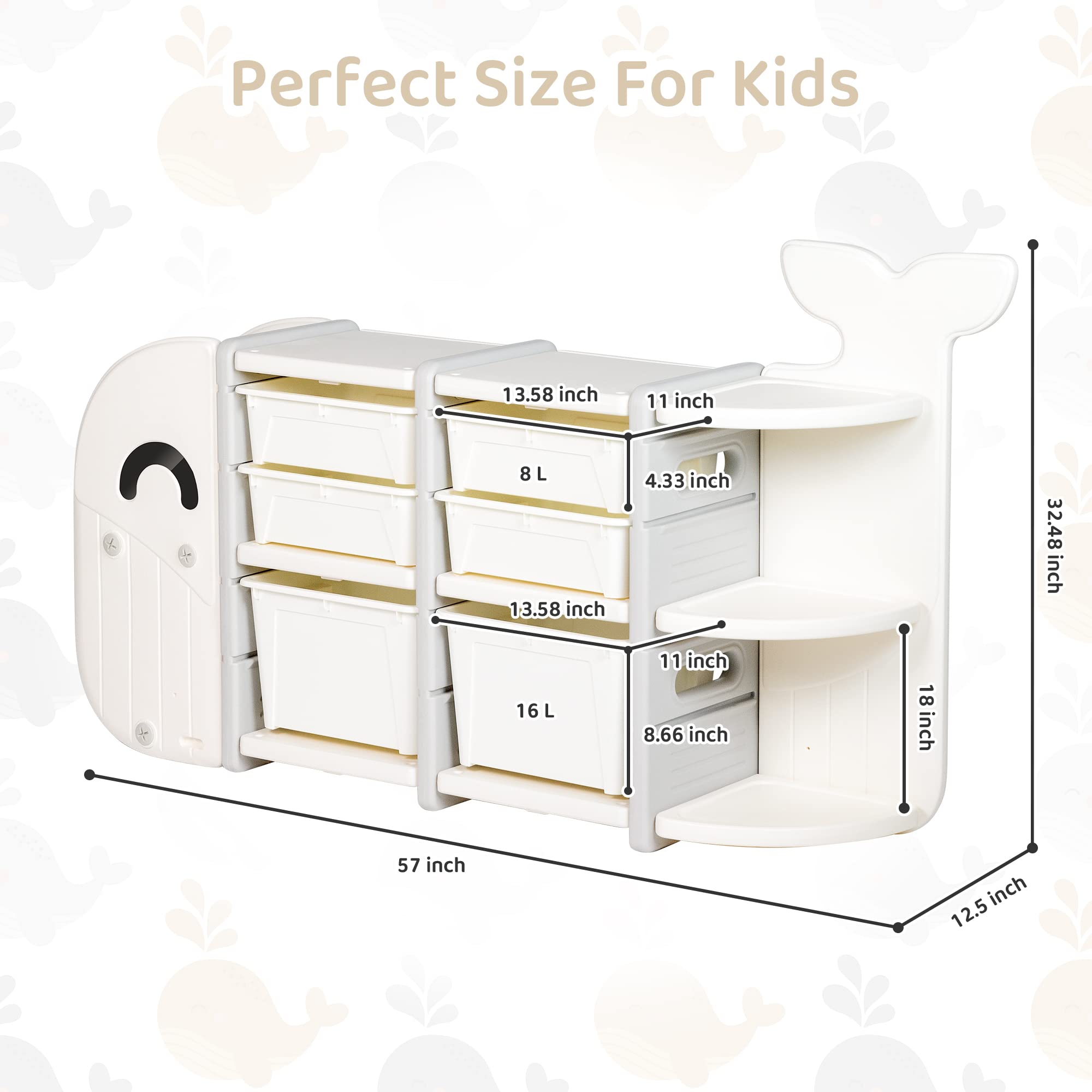 duke baby Kids Small 3 Layer Toy Storage Organizer with 6 Pull-out Storage Bins, Display Bookshelves, Multipurpose Toy Cabinets for Kids Playrooms Bedrooms Age 1-12, Whale Collection White Grey