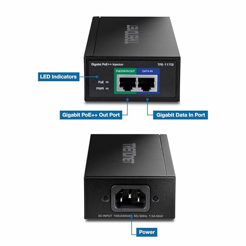 TRENDnet Gigabit PoE++ Injector, Supplies PoE (15.4W), PoE+ (30W), or PoE++ (60W), Network A PoE Device Up to 100m(328 ft), Supports IEEE 802.3af,802.at, Plug & Play, Black, TPE-117GI