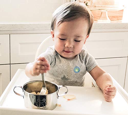 Kiddobloom Baby Stainless Steel Utensil Set. Education Series. Stainless #304 (18/8) 5pc Set (2 Spoons, 2 Forks, 1 Baby Butter Spreader/Food Pusher). Suitable for Baby Feeding/Weaning. Elegant Gift