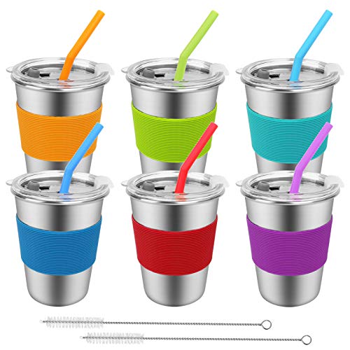 Kids Cups with Lids and Straws,6 Pack 12oz Spill Proof Tumblers for Kids,Stainless Steel Toddler Cups,Unbreakable Water Drinking Glasses,BPA-Free Reusable Metal Sippy Mug for Children,Adult,Outdoor