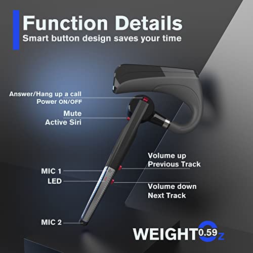 HonShoop Bluetooth Headset CVC8.0 Dual Mic Noise Cancelling, V5.0 Bluetooth Earpiece Earbud 14 Hrs HD Talktime Hands-Free Earphones for Driver Trucker Business Office (Black)