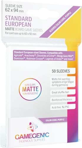 Matte Board Game Sleeves | Pack of 50 Matte Sleeves | 62 by 94 mm Card Sleeves Optimized for Standard European Card Games | Premium Card Protection | FFG Purple Color Code | Made by Gamegenic