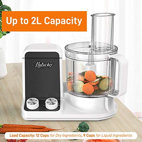 NutriChef Ultra Quiet 600 Watt Powered Electric Processor & Vegetable Chopper Multipurpose 12 Cup Processor, Speed Function for Easy Food Prep-6 Attachment Blades NCFP8, Day White
