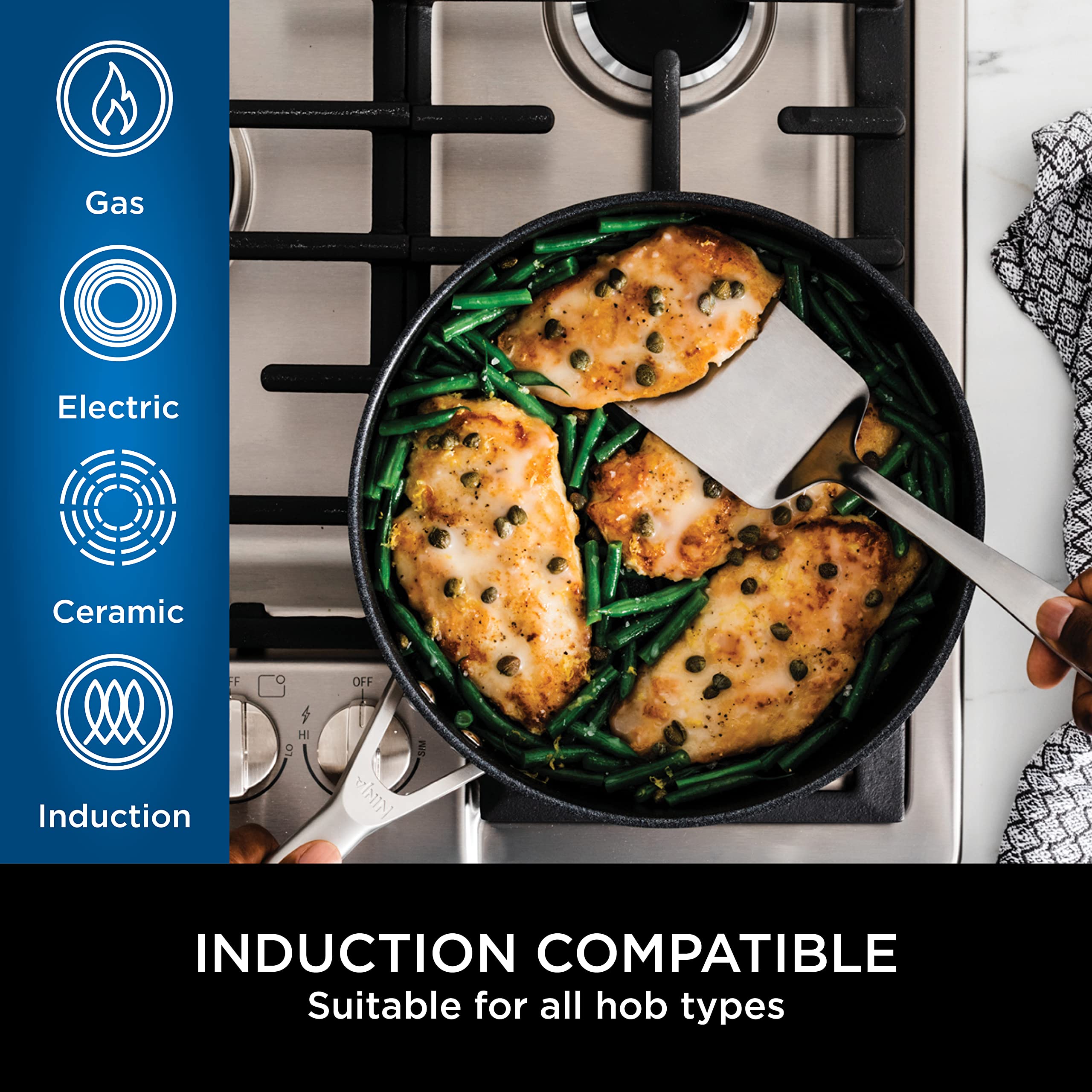 Ninja ZEROSTICK Stainless Steel Cookware 30cm Frying Pan, Long Lasting, Non-Stick, Induction Compatible Frying Pan, Oven Safe to 260°C, Cast Stainless Steel Handle C60030UK