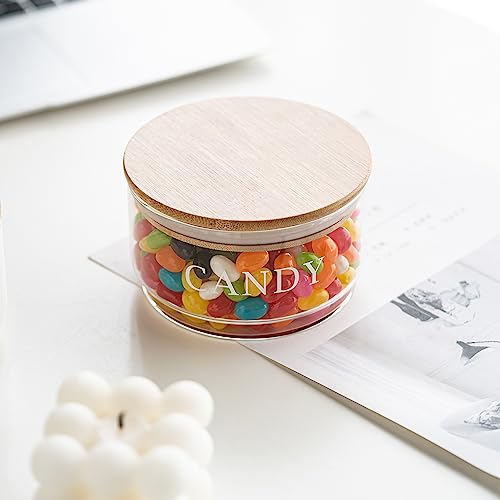 Glass Candy Dish with Bamboo Lid Small Candy Bowl Decorative Cookie Jar Clear Salad Bowl Buffet Storage Container for Home Kitchen Coffee Table Office Desk and Party Wedding ( Diameter: 4.33 Inch )
