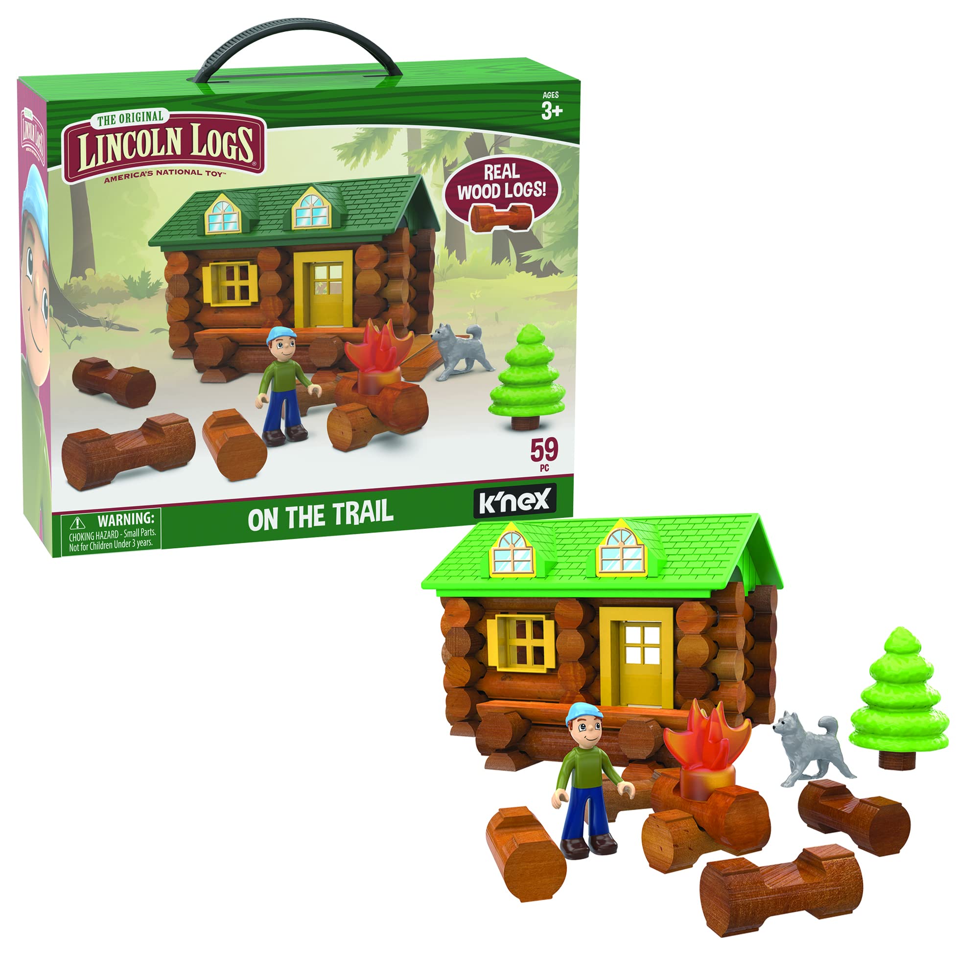 LINCOLN LOGS-On The Trail Building Set-59 Pieces-Real Wood Logs - Ages 3+ - Best Retro Building Gift Set for Boys/Girls-Creative Construction Engineering-Top Blocks Game Kit - Preschool Education Toy
