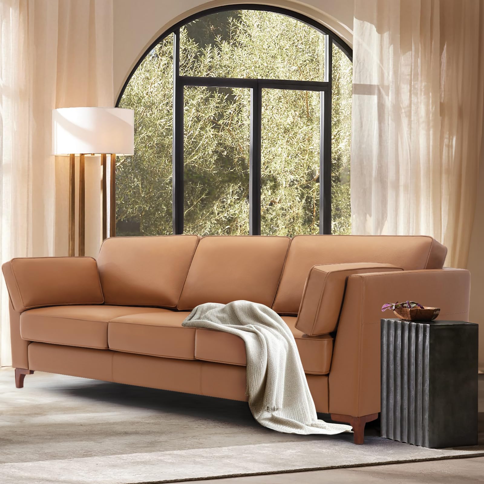 COLAMY 93" Mid-Century Modern Faux Leather Sofa,Oversized 3-Seater Couch with Comfy Cushions and Wood Legs for Living Room, Bedroom, Office, Apartment, Brown
