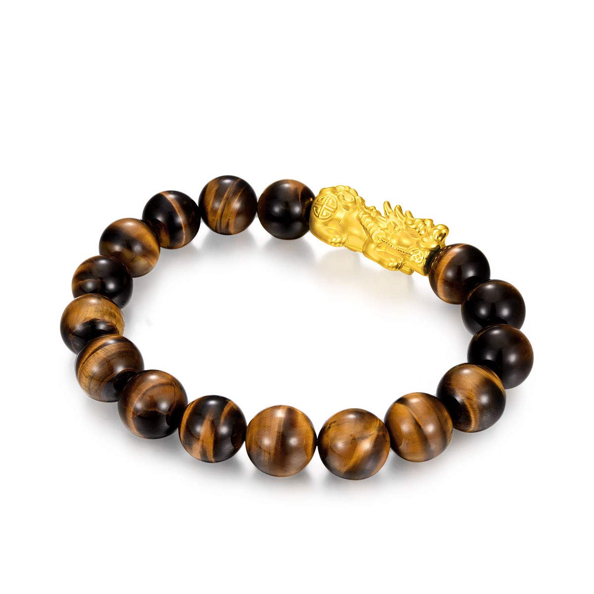 CHOW TAI FOOK 999 24K Gold Pixiu Charm with Tiger Eye Agate Large Marbles Bracelet