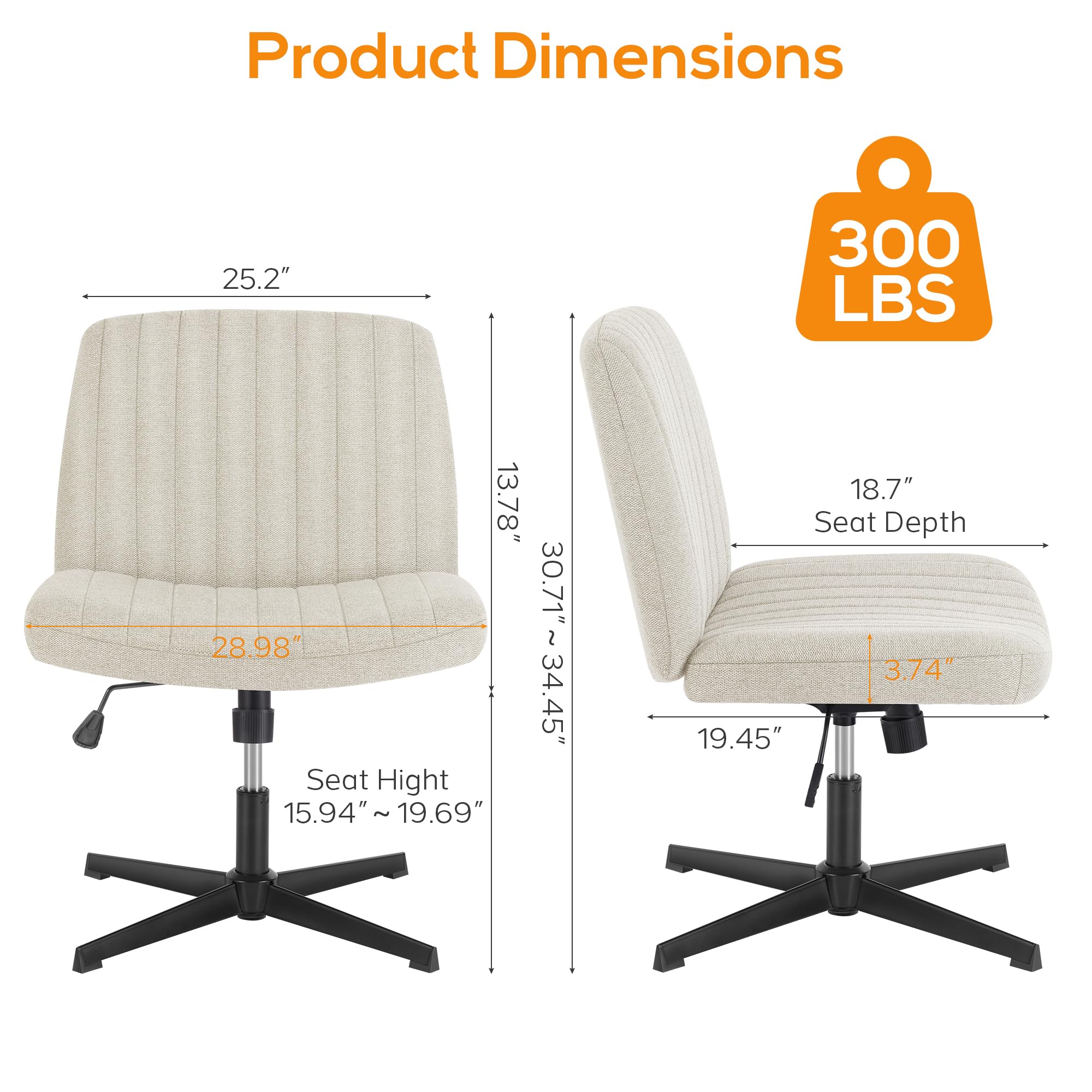 DUMOS Cirss Cross Chair Legged Office Wide Comfy Desk Seat, No Wheels Armless Computer Task Seating, Swivel Vanity Home Height Adjustable