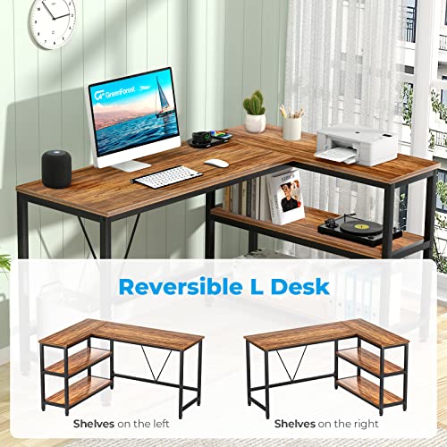 GreenForest L Shaped Desk 55x39.4 inch Large Reversible Corner Gaming Computer Desk with Storage Shelves for Home Office PC Workstation Laptop Table, Walnut