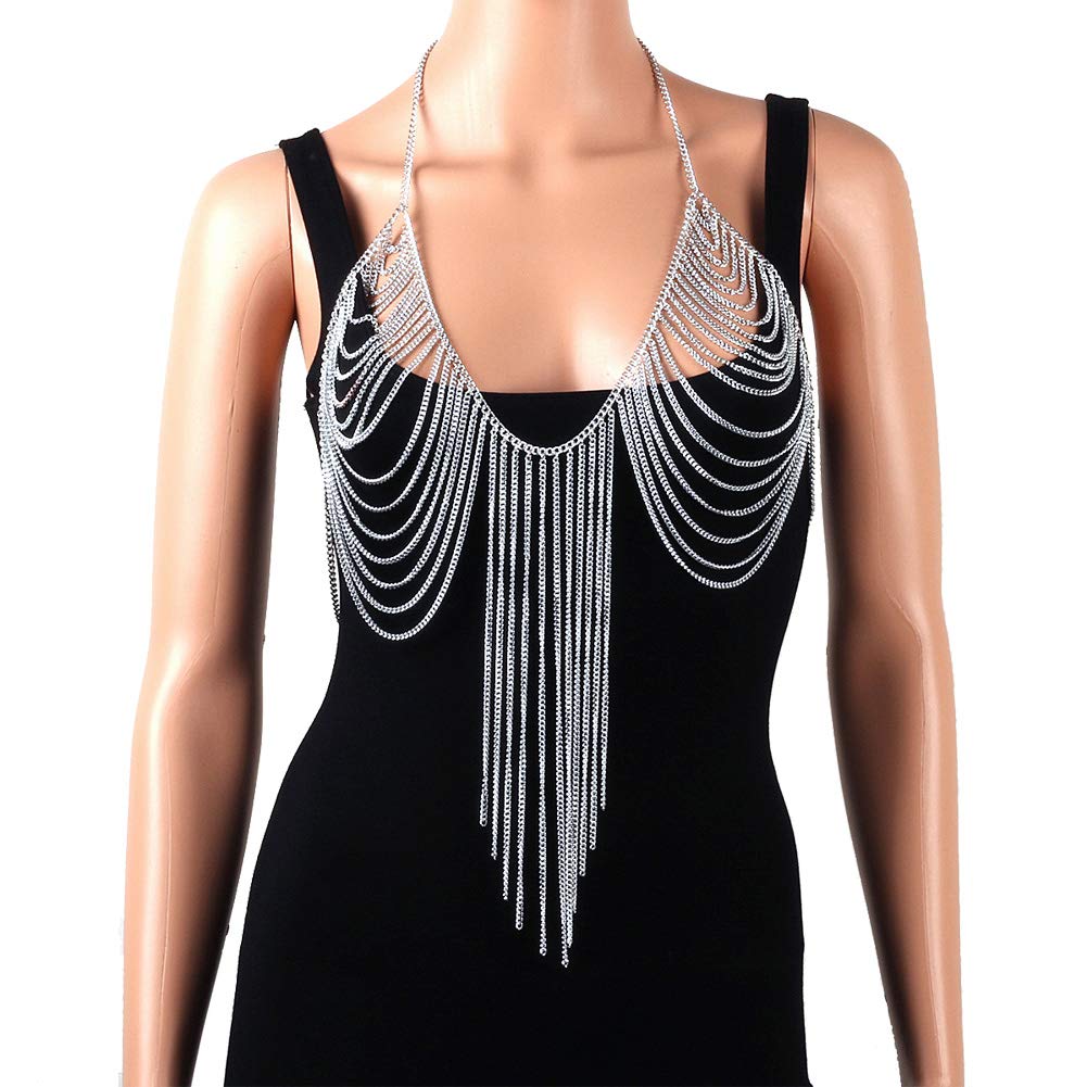 Chran Summer Beach Bra Top Chain Sexy Bikini Accessories Body Chains for Women Golden Necklace Party Jewelry (silver)
