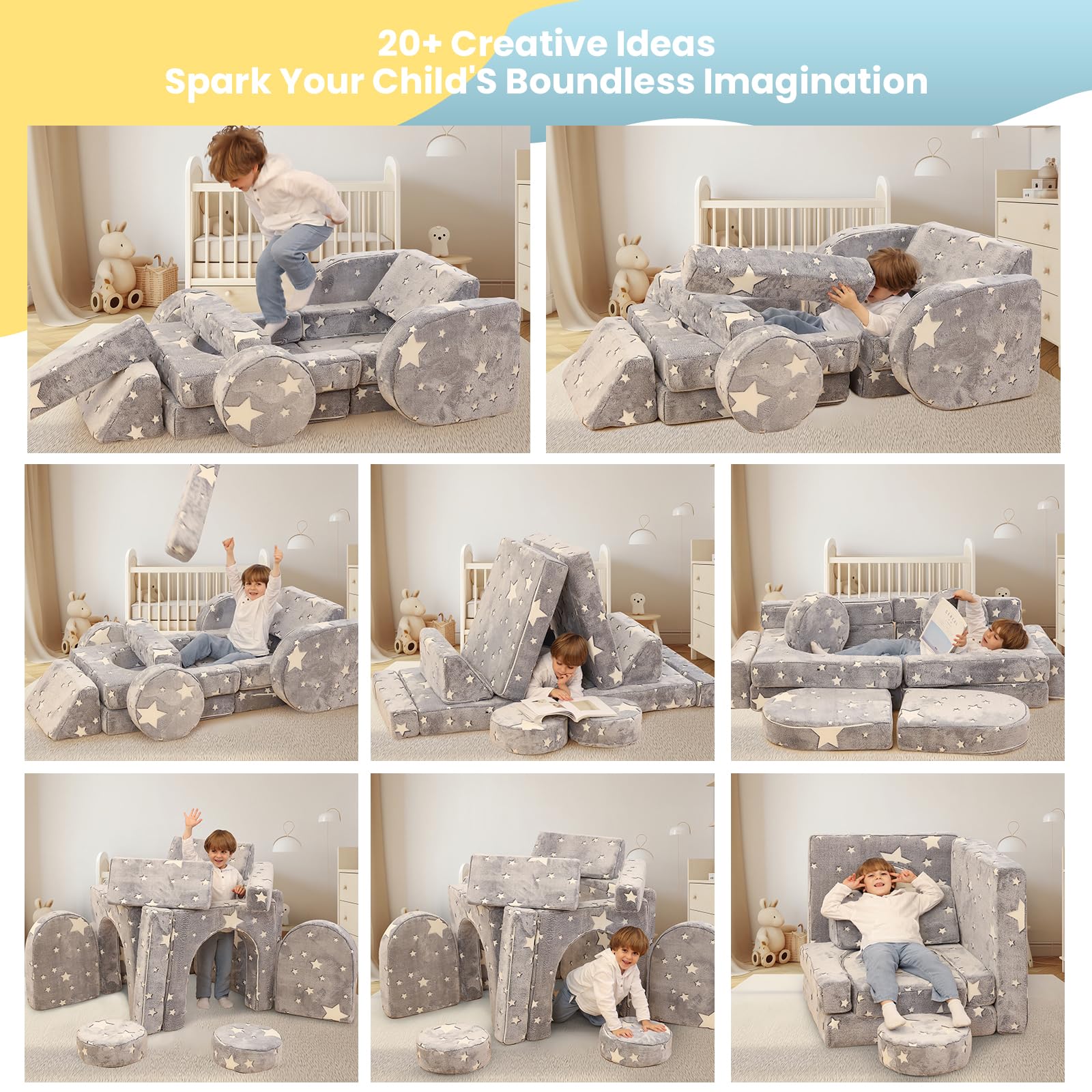 Edbuosy Modular Kids Play Couch- 12-in-1 Large Kids Sofa with Fluorescent Pattern for Playroom Bedroom Kids Couch Suitable for Playing Creativity and Sleeping for Boys and Girls-Grey Star