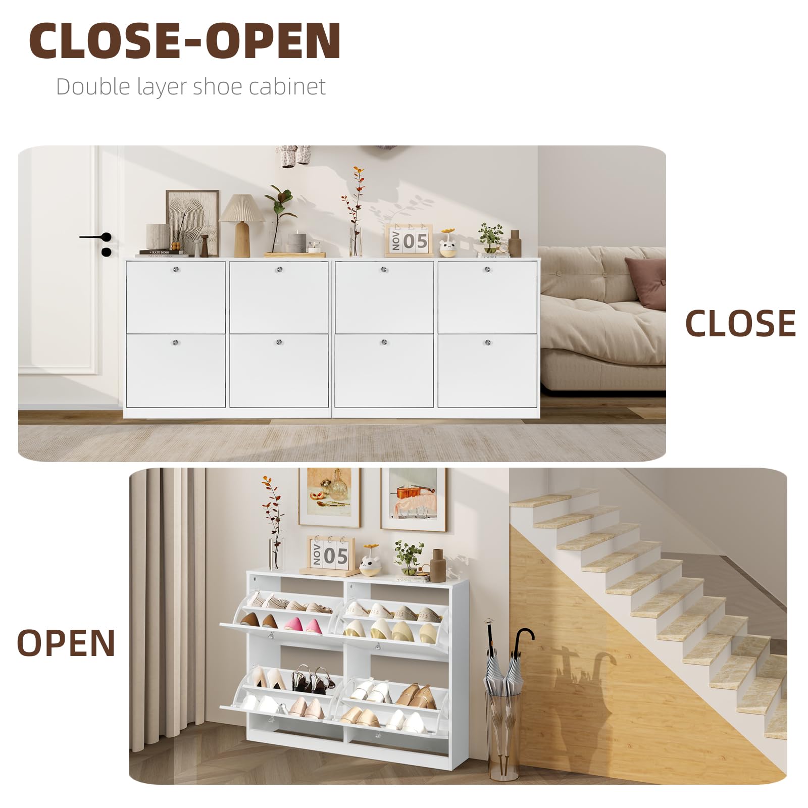 Deipto Shoe Storage Cabinet for Entryway, 3 Tier Wood Shoe Organizer Cabinet with Flip Drawers & Lnduction Led Light, White Narrow Hidden Shoe Rack Cabinet for Front Door Entrance (White, 4-Drawers)