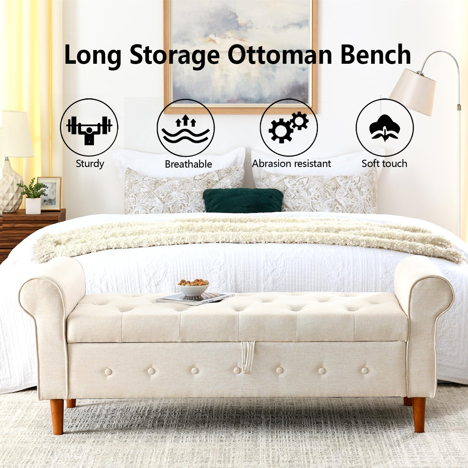BAOMKONG Storage Ottoman Bench, 62" Comfy Upholstered End of Bed Bench with Rolled Armrest Button Tufted Storage Bench for Entryway Living Room Bedroom, Blue