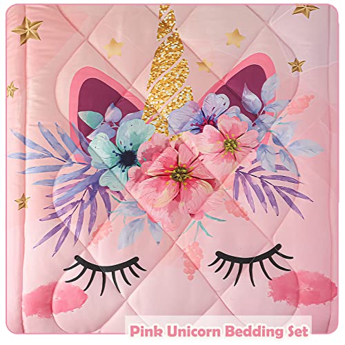 KINBEDY 4 Piece Unicorn Toddler Bedding Sets for Girls Pink Floral Cartoon Bed Sheets Toddler Bed Comforter Set for Baby Girls Bedroom Set | Include Comforter, Flat Sheet, Fitted Sheet, Pillowcase