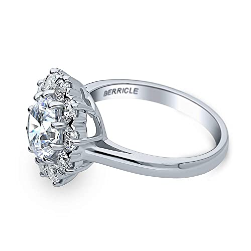 BERRICLE Sterling Silver Flower Wedding Engagement Rings Cubic Zirconia CZ Statement Halo Cocktail Ring for Women, Rhodium Plated Size 8