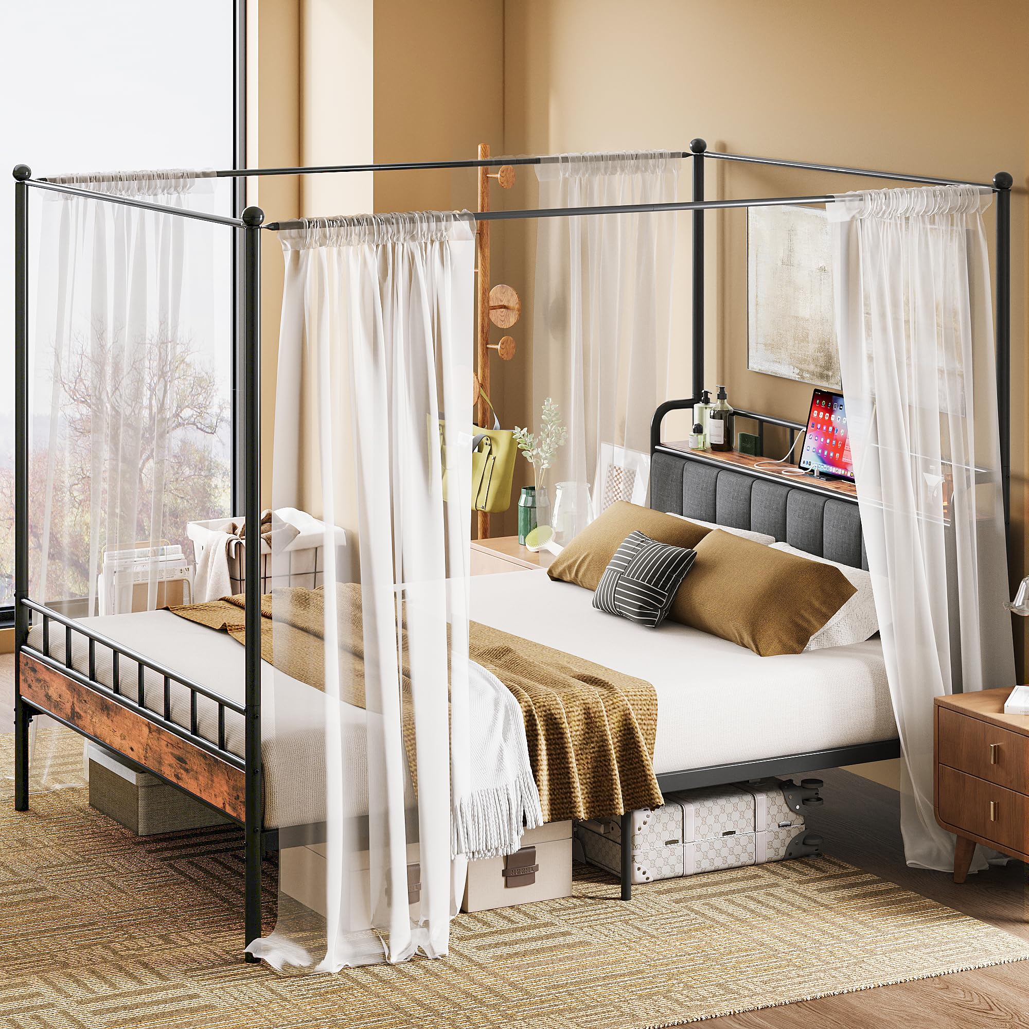 LIKIMIO Canopy Bed Frame Queen, Storage Headboard with Charging Station, Platform Bed with 4 Removable Sturdy Posts, Noise Free, No Box Spring Needed, Vintage Brown