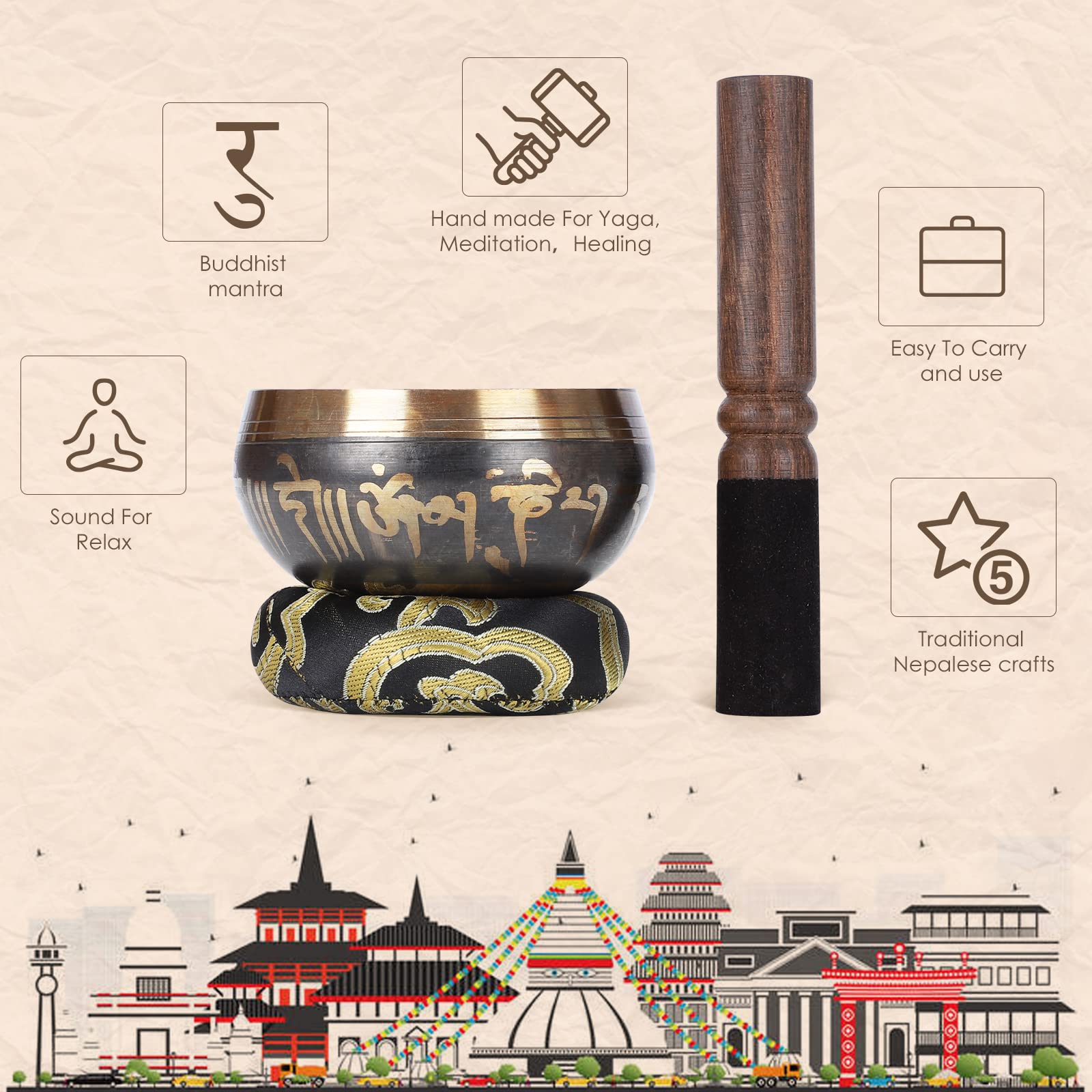 Biggo Tibetan Singing Bowl Set With Seven Stones-Meditation Sound Bowl for Yoga,Mindfulness,Chakra Healing,Self-Regulation,Handcrafte