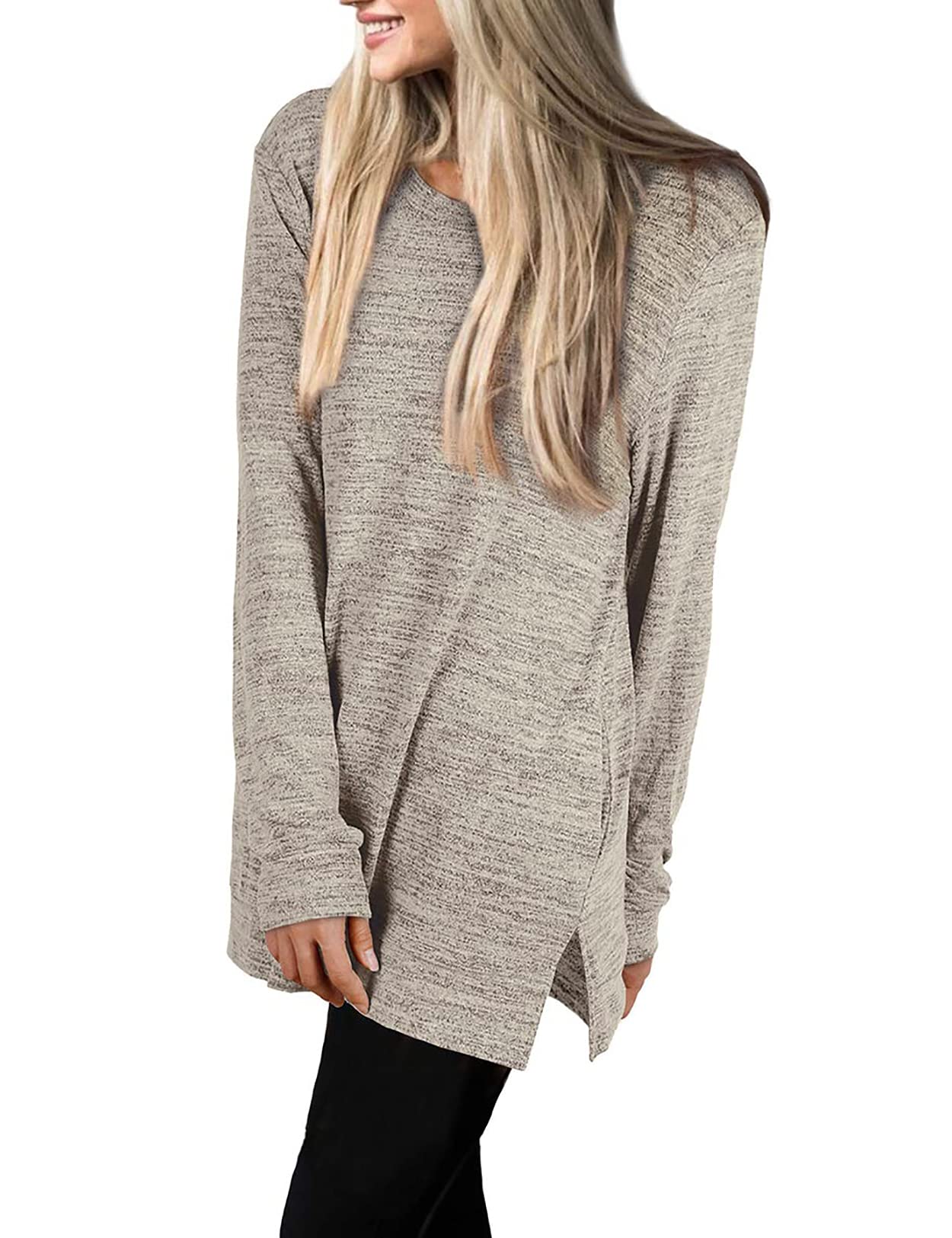 Bolomi Womens Casual Sweatshirts Long Sleeve Pullover Shirts Round Neck Oversized Tunic Tops with Pockets Khaki X-Large