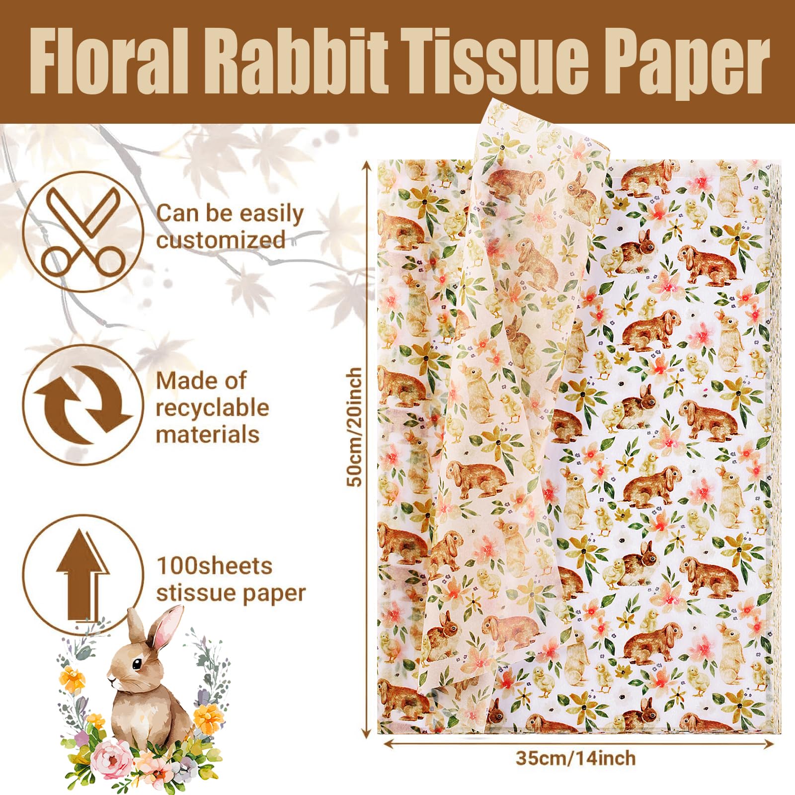 Bolsome 100 Sheets 20 * 14 Inches Easter Bunny Tissue Paper for Gift Bags Watercolor Floral Chicken Rabbit Patterned Gift Wrapping Tissue Paper for Baby Shower Birthday Easter DIY Craft