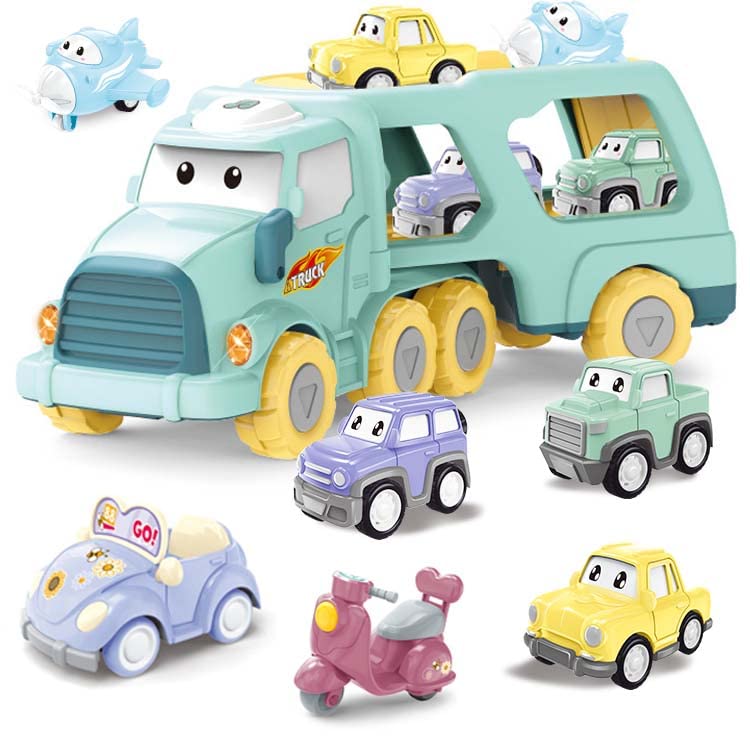Truck Car Toys for 3 4 5 6 Year Old Boys and Girls, PEGOVANLY 7 in 1 Friction Power Play Vehicles in Transport Carrier Truck, Christmas Birthday Gifts Toddler Toys for Kids Aged 3+