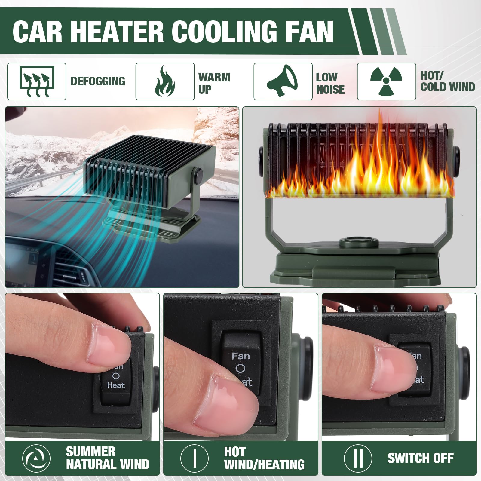 Baquler 12V 150W Portable Car Heater Windshield Defogger 2 In 1 Windshield Defroster Rotatable Fast Heating and Cooling Fan Automotive Windscreen Demister with 360 Degree Rotary Base(Dark Green)