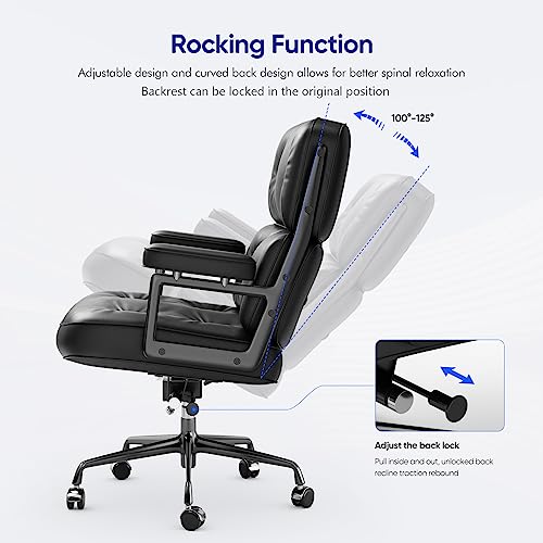 Office Chair- Aluminum Arms Thickened Backrest Lumbar Support, Executive Desk Chair, Genuine Grain Leather Thick Padded Strong Aluminum Base Quiet Wheels, Ergonomic Mid Back Leather Computer Chair