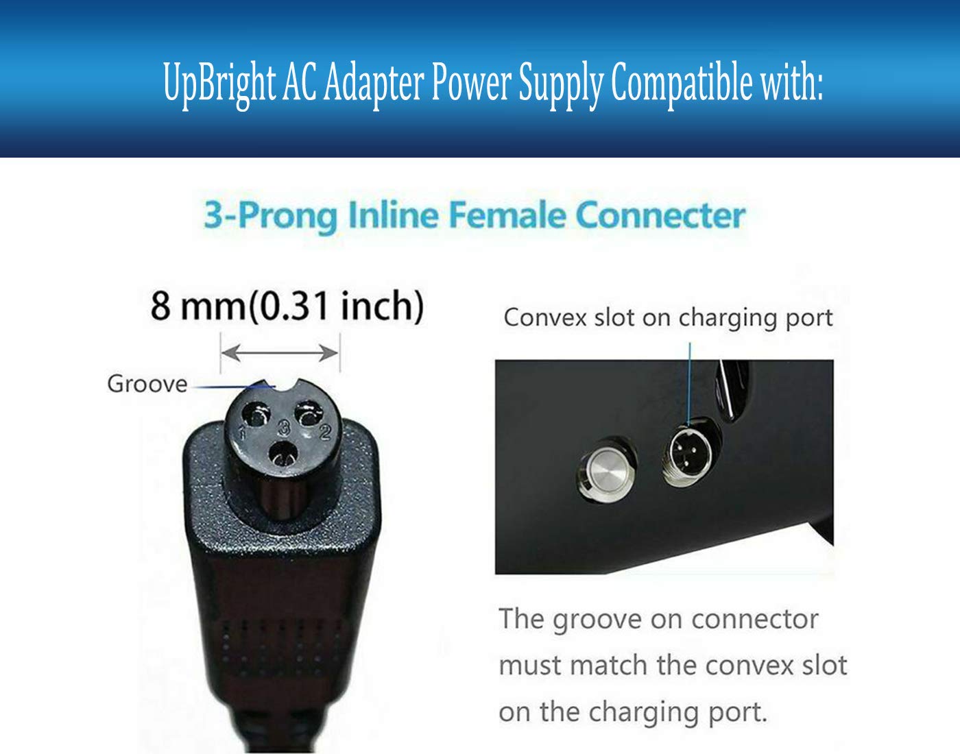 UpBright 3-Prong 29.4V AC/DC Adapter Compatible with SISIGAD Model HY-A02B HY-A028 24V 2000mAh 48Wh 24VDC Lithium ion Battery 6.5"Two-Wheels Self-Balancing Hover Electric Scooter board 29.4VDC Charger