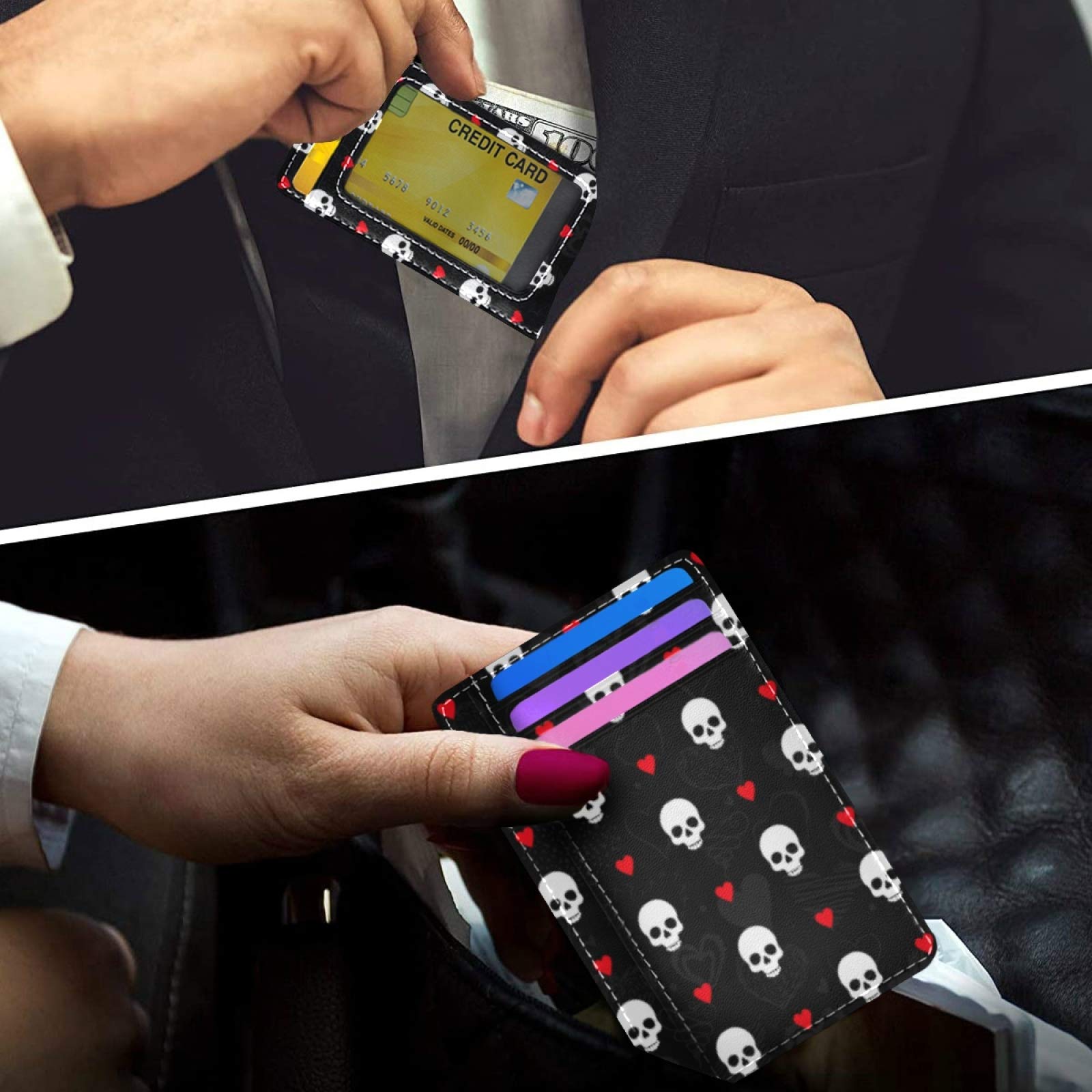 Linomo Thin leather Card Holder and Money Clip Sugar Skull Love Heart Pattern Wallet RFID Blocking for Men & Women