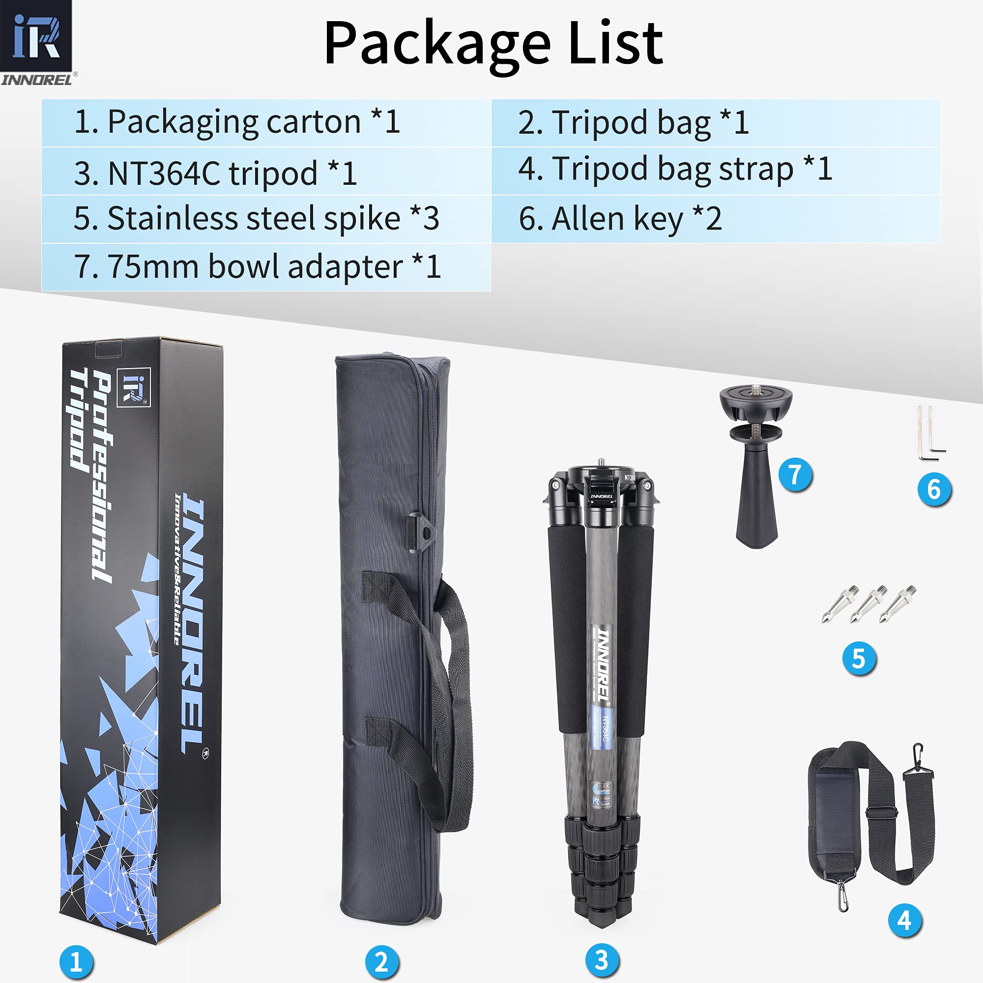 Carbon Fiber Tripod INNOREL NT364C Professional Birdwatching Heavy Duty Camera 55lb/25kg Max Load Bowl Tripod Birdwatching Camera Stand with 75mm Bowl Adapter (Max Tube 36mm, Tripod + Bowl Adapter)