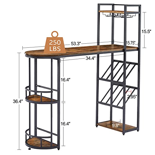 KIVENJAJA Bar Table with Wine Racks, Storage Shelves & Glass Holders, Industrial Small High Top Kitchen Table for 2, 36.4β Counter Height Dining Table Home Bar Unit, Rustic Brown and Black