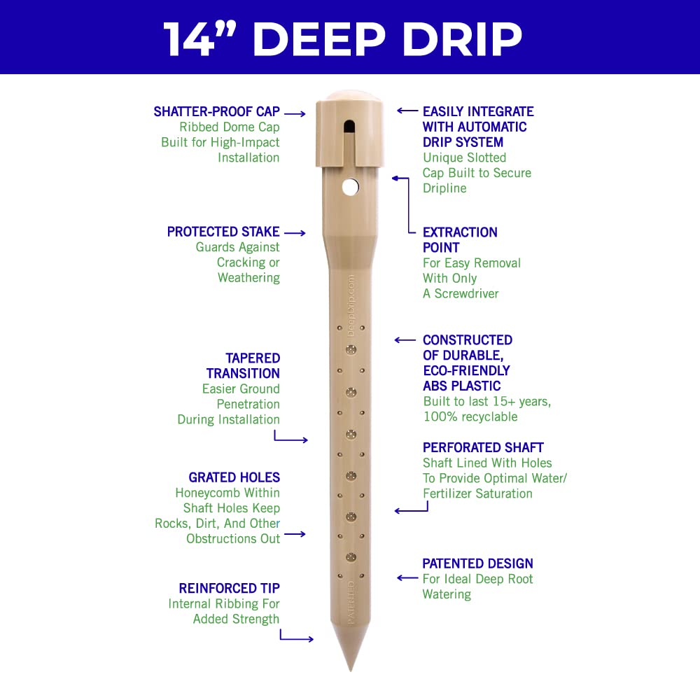 Underhill Deep Drip Irrigation Stake 14-1/2-Inch, Watering Spike for Trees and Bushes with Shallow Roots, Drip System Parts Tubes, A-DD14, Single