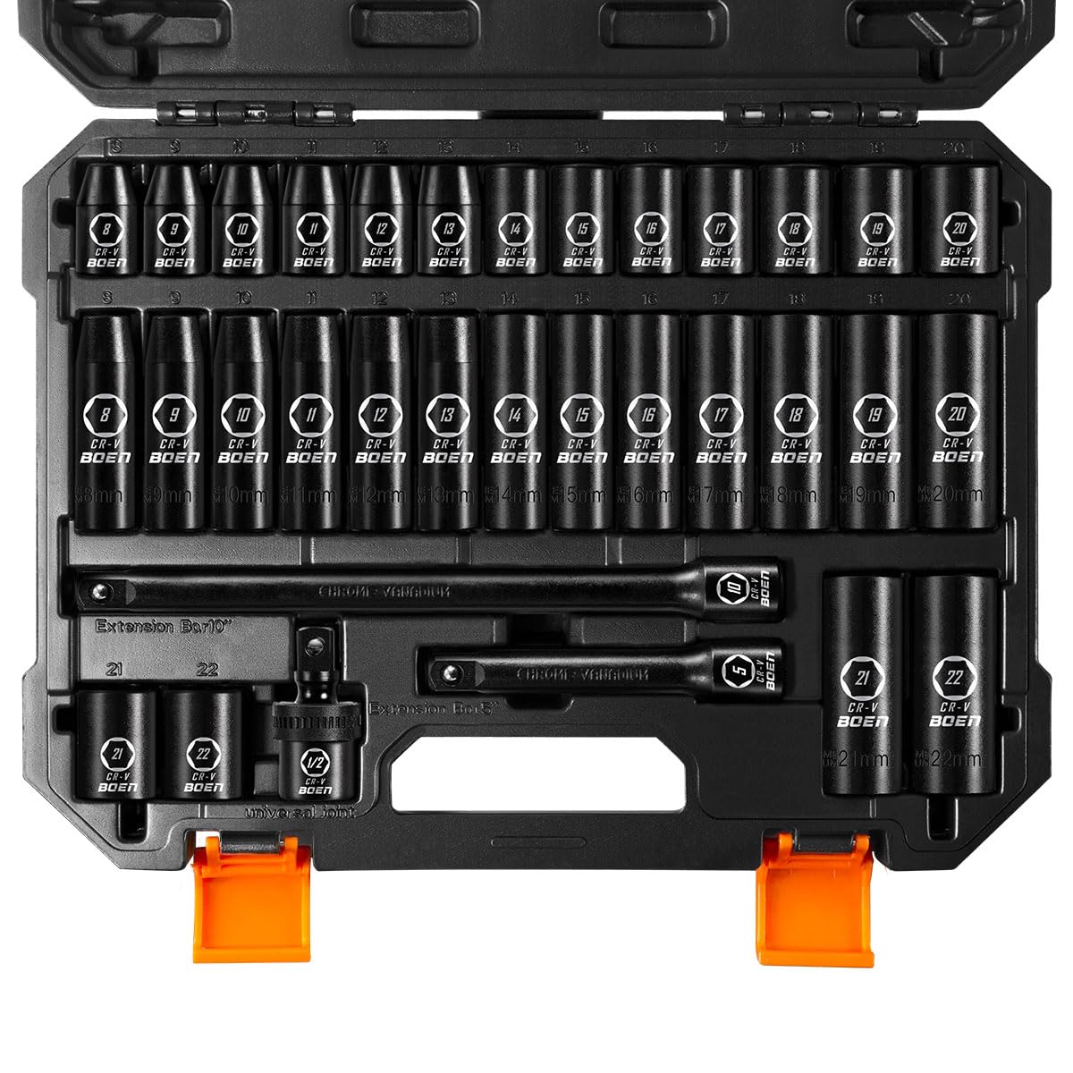 boen 1/2" Drive Impact Socket Set, 33 Piece Deep & Shallow Metric Socket Set 8mm to 22mm, Includes 5", 10" Extension Bars, Universal Joint, 6 Point Design, Cr-V Steel, Meets ANSI Standards