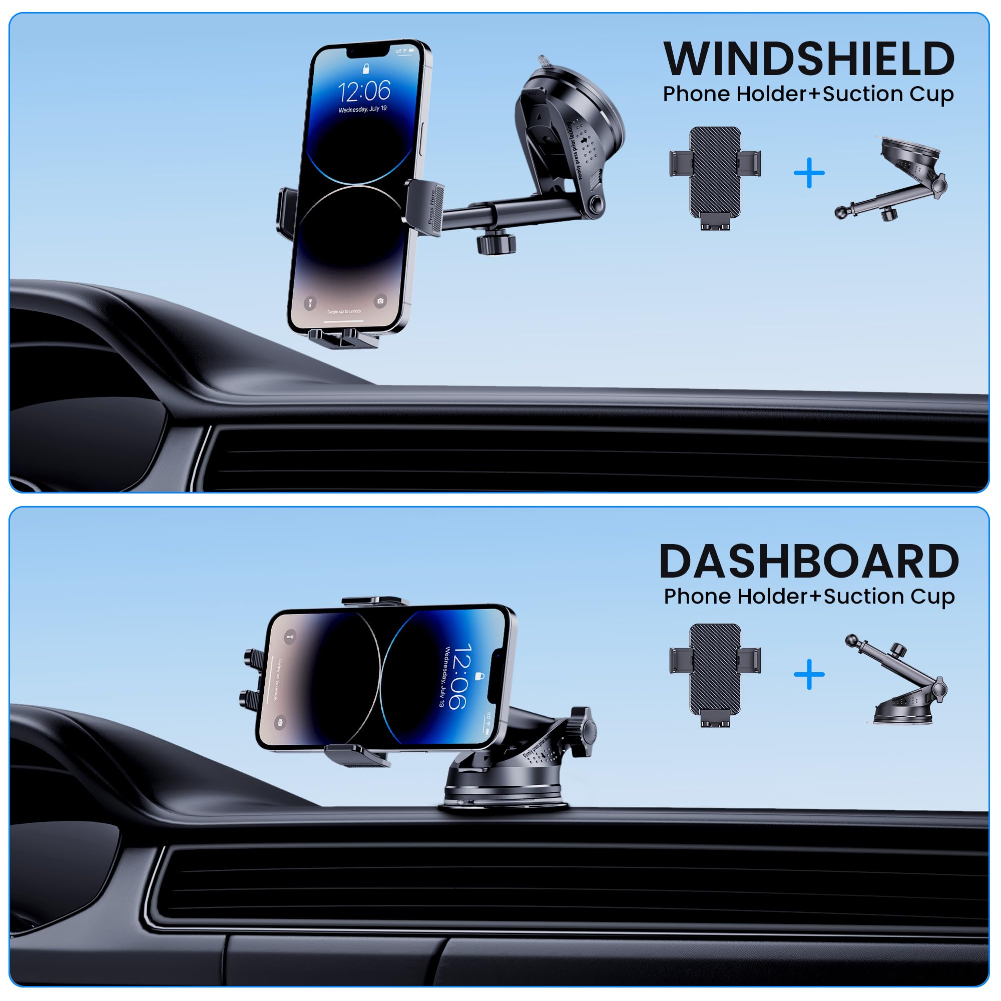 BIVGAZA Universal Car Phone Mount with Super Strong Suction Cup, Thick Case Friendly, Adjustable Telescopic Arm, Compatible with All Smartphones