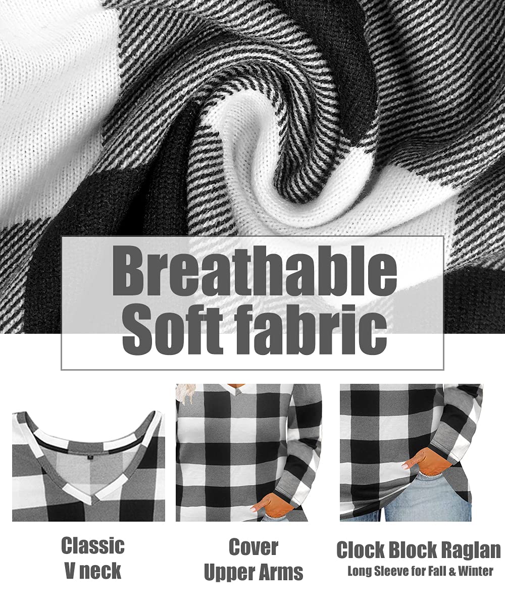 CARCOS Womens Plus Size Tops Checkered Long Sleeve Shirts V Neck Pullover Tunics Casual Black White Sweatshirts 5XL 26W 28W