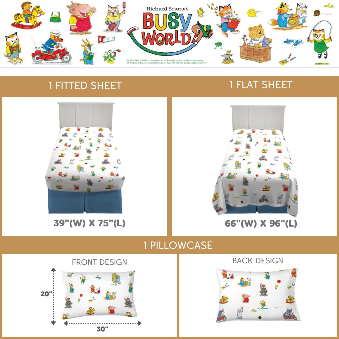 Franco Richard Scarry Book Kids Bedding Super Soft Sheet Set, Twin, (Official Licensed Product)