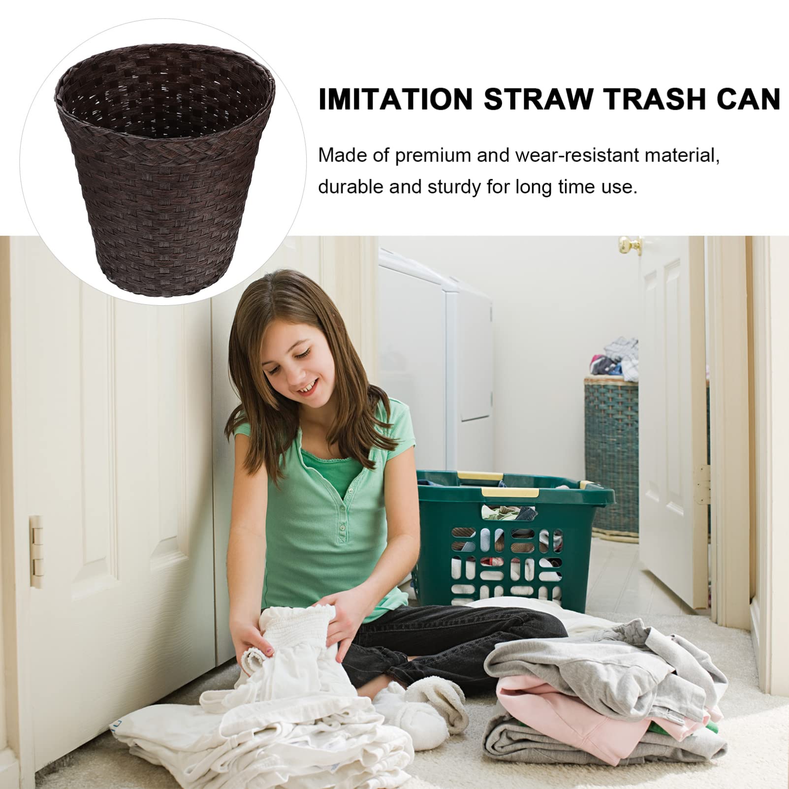 Healvian Home Decor Woven Waste Basket Paper Wicker Trash Can Round Wastebasket Garbage Bin for Bathroom Essentials Sundries Laundry Storage Basket Coffee Laundry Basket