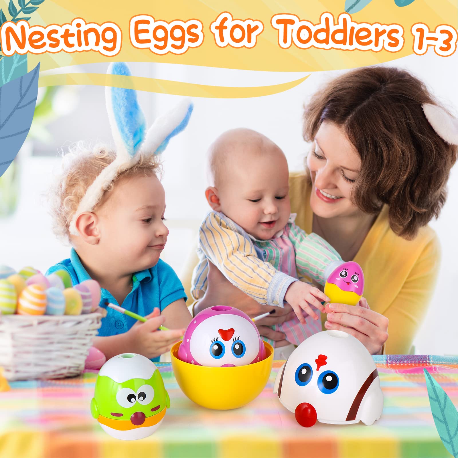 CAPTAIN CHAOWING Easter Egg Toys for Toddlers,Easter Nesting & Stacking Eggs,Easter Basket Stuffers for Baby 18 Months+, Easter Chicken Matching Toys,Easter Gift for Kids 1 2 3 Years Old