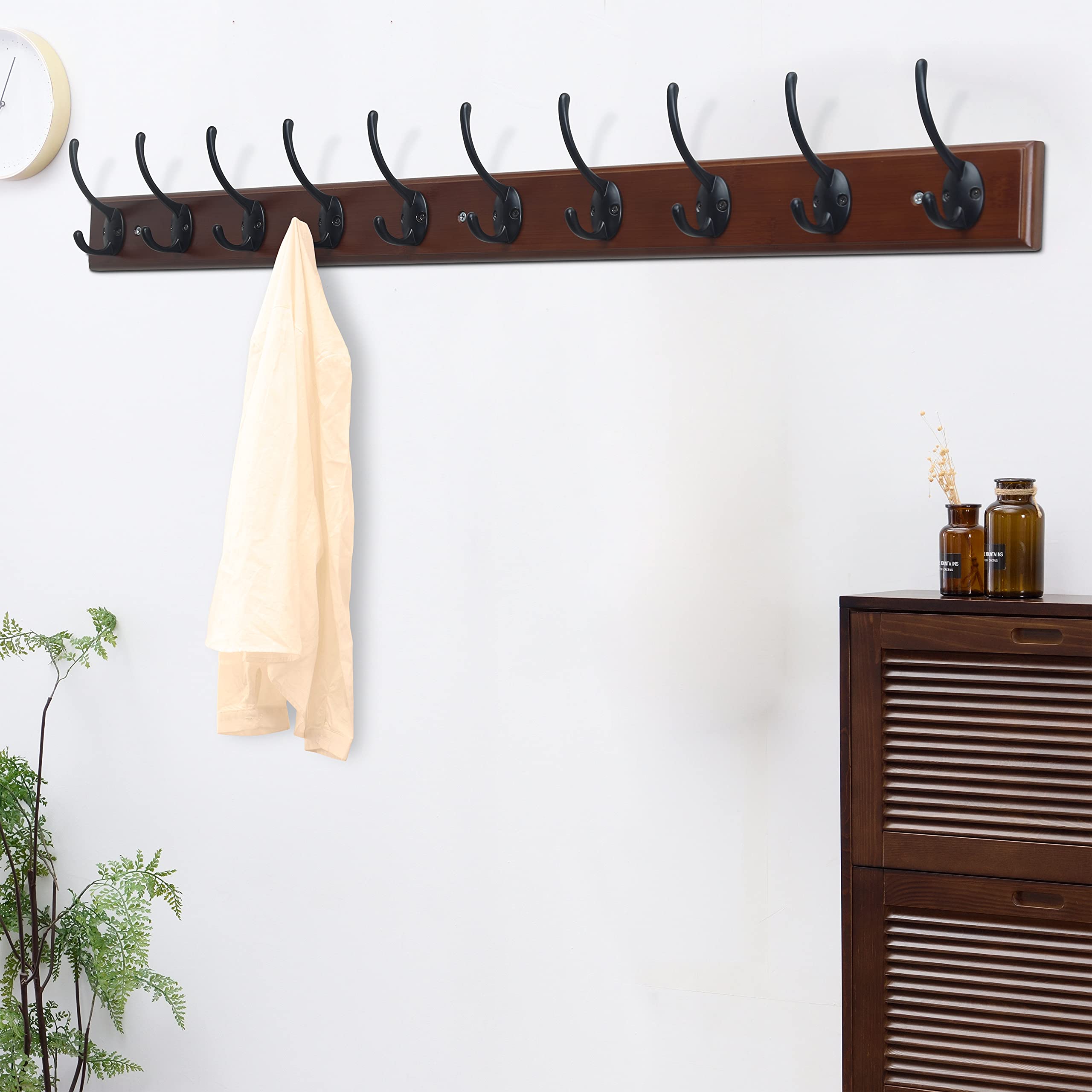 Dseap Coat Rack Wall Mounted: 10-Hooks, 38-1/4" Long, 16" Hole to Hole, Wood Coat?Hooks Wall Mounted, Hook Rack, Hook Rail, Hooks for Hanging Coats, White & Black